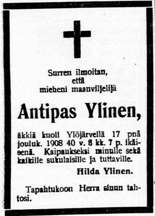 Antipas Ylisen kuolinilmoitus Kansan Lehdessä 21.12.1908